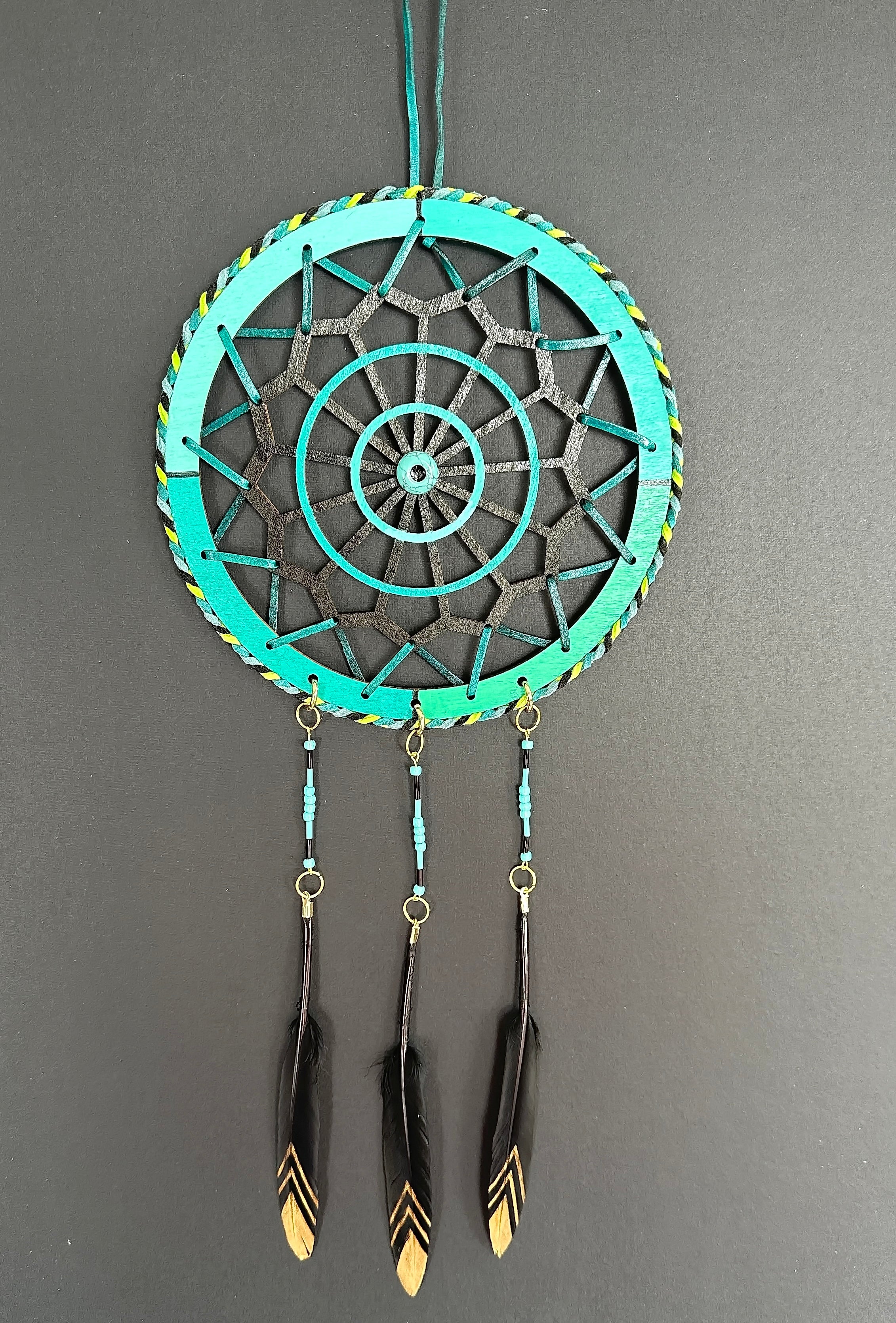 Hand painted Wooden Dreamcatcher w/ Turquoise, Howlite, & Raven Feathe ...