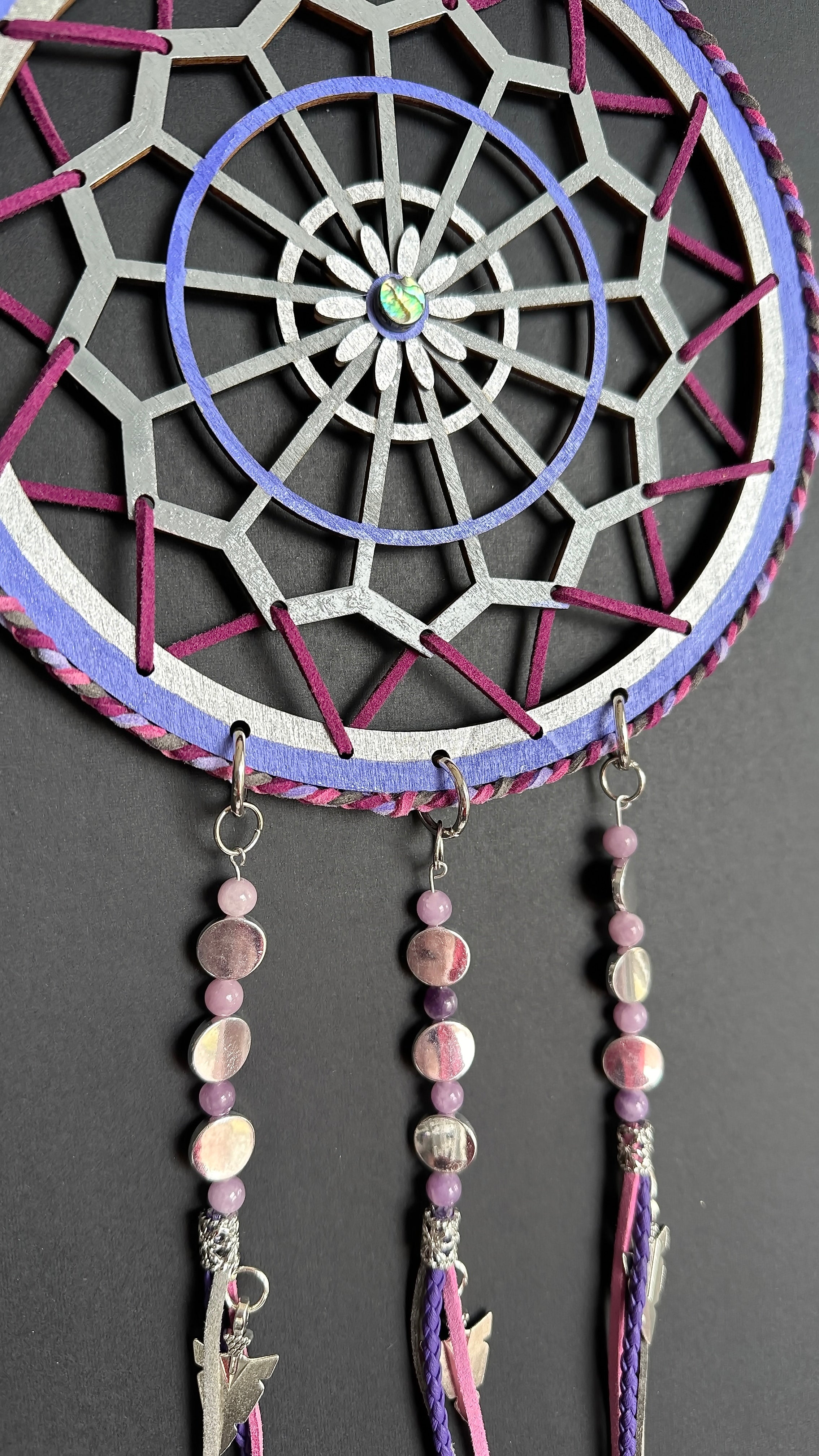 Hand Crafted Dreamcatcher w/ Jingle Cone, Abalone, Lepidolite (L ...
